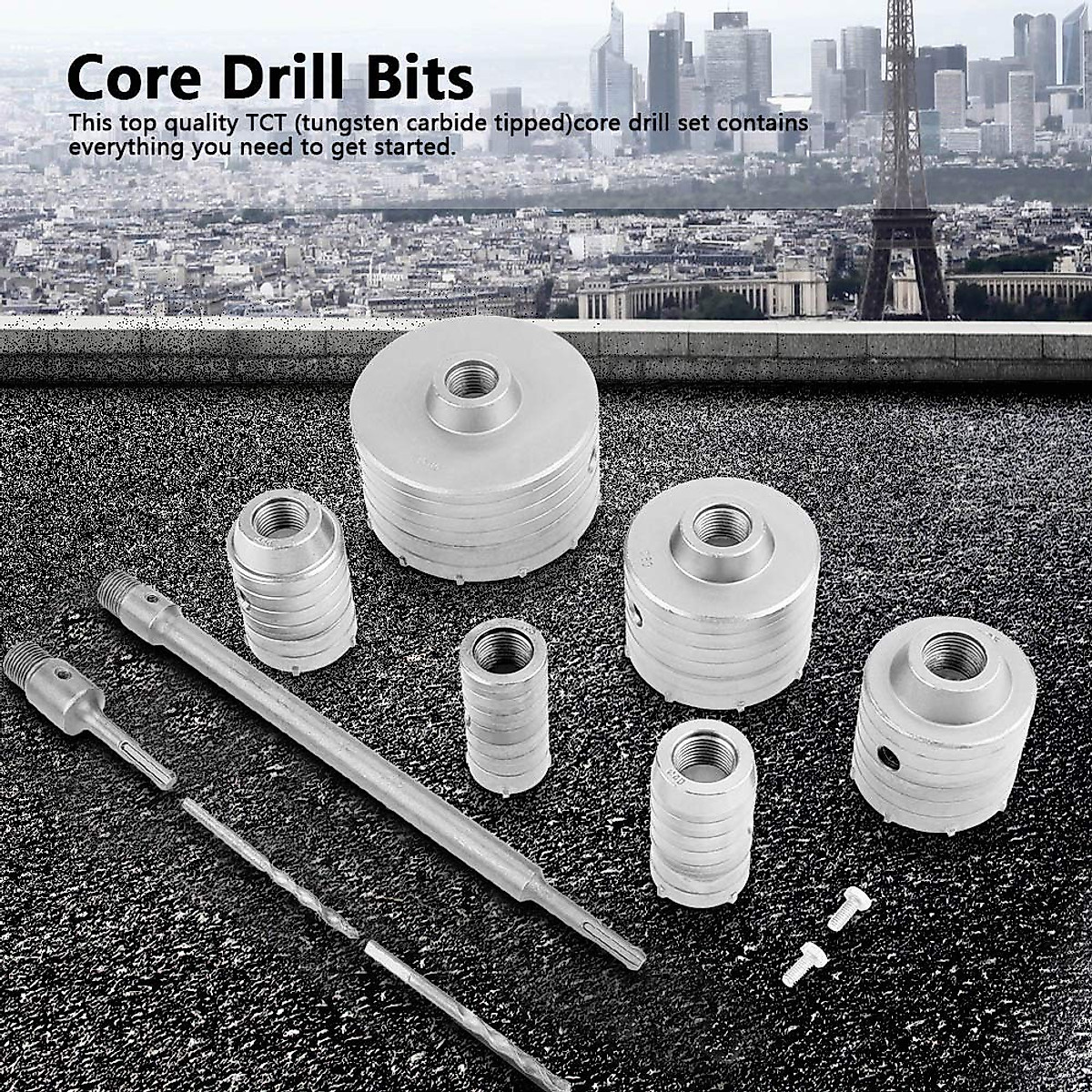 Core Drill Bit Set, 10Pcs Concrete Hole Saw Kit SDS Plus Extension Shank Tungsten Masonry Wall Hole Cutters for Drilling Brick Concrete Cement Stone Granite Marble