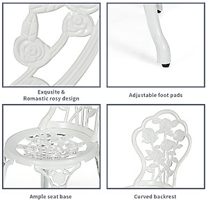 DORTALA Cast Aluminum Patio Bistro Set, 3 PCS Garden Table Set W/ 2 Chairs, Aluminum Frame, Exquisite Rose Scroll, 1.57” Outdoor Furniture for Balcony, Poolside, White