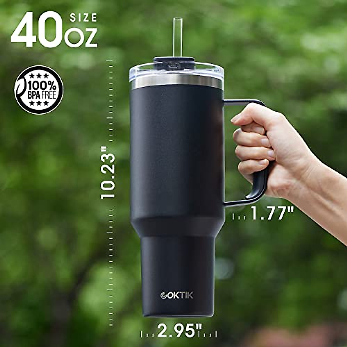 COKTIK 40 oz Tumbler With Handle and Straw Lid, 2-in-1 Lid (Straw/Flip), Vacuum Insulated Travel Mug Stainless Steel Tumbler for Hot and Cold Beverages(Black)