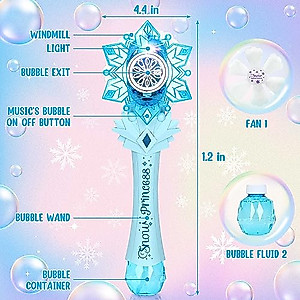 2 in 1 Princess Magic Bubble Blower Wand Machine for Kids, Snowflake Maker Wand Toys with Windmill & Light Up LED & Music, Outdoor Christmas Birthday Gift for Girls