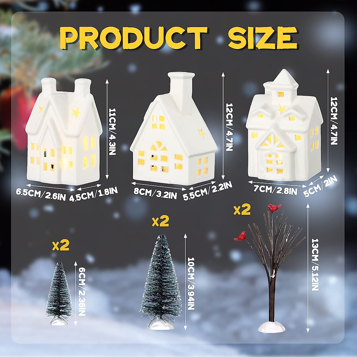 9 Piece Miniature Christmas Village with LED Lit Porcelain Houses, Figurines, Trees, Fences and Accessories