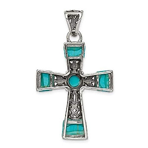 Sonia Jewels 925 Sterling Silver Synthetic Turquoise Vintage Antiqued Cross Pendant Charm