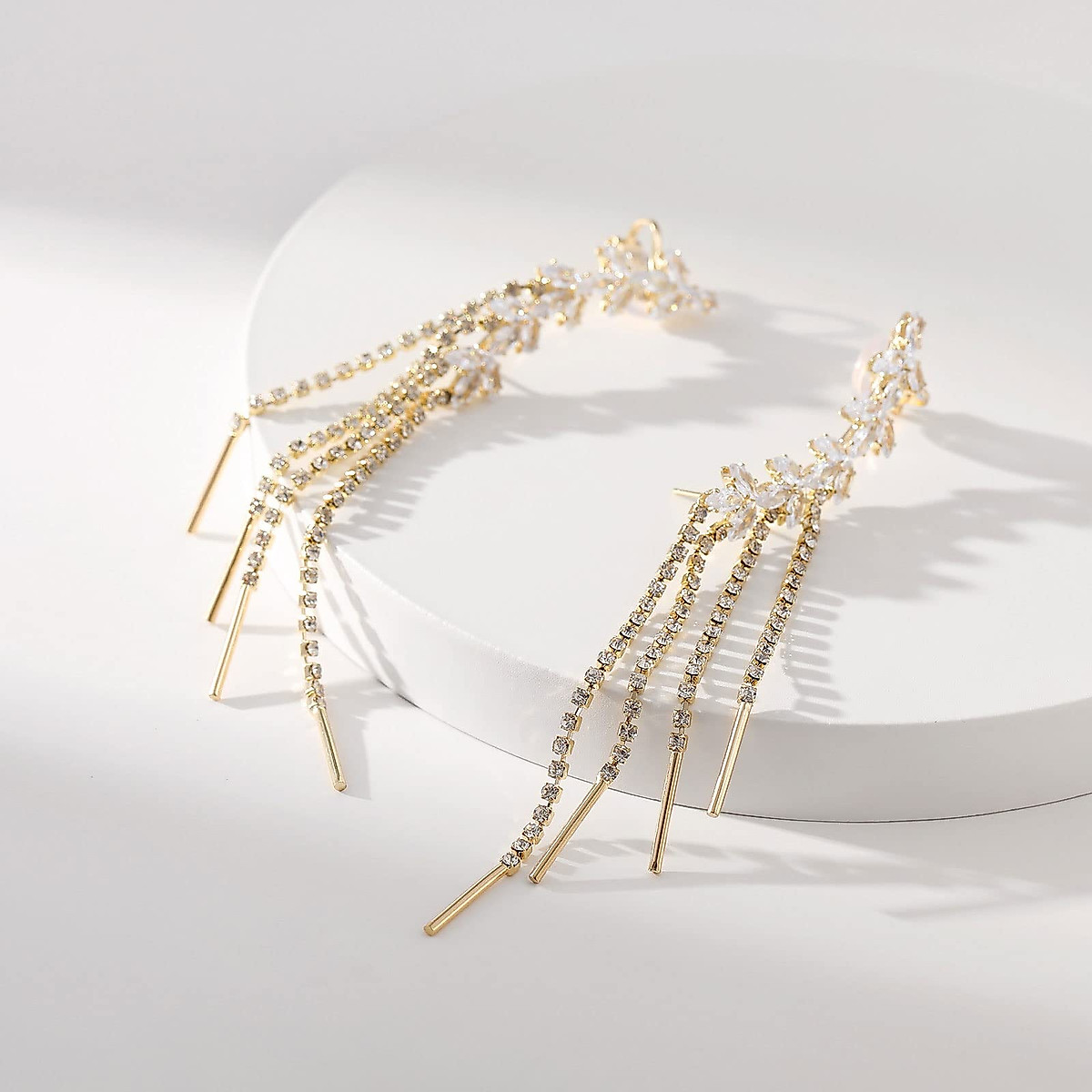 Yumikoo Tassel Ear Cuff Earrings for Women - Rhinestone Copper Ear Clip