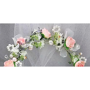 Vivivalue Floral Halo Boho Flower Headband Floral Crown Headpiece Hair Wreath with Ribbon Wedding Party Prom Photos Festival Pink