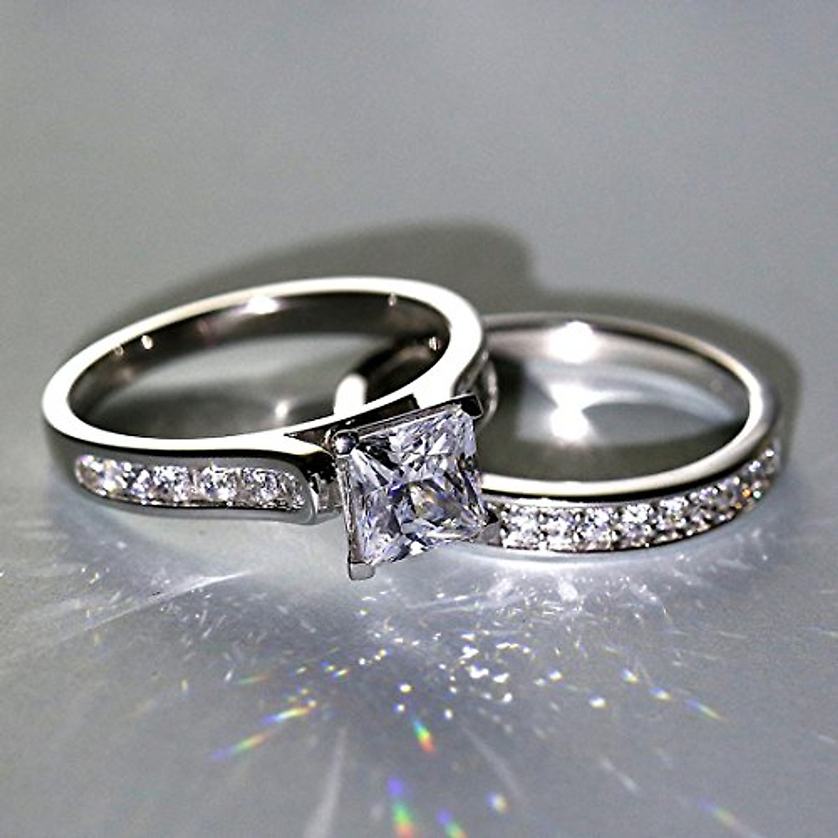 Womens Girls Vintage Black Diamond Ring 2-in-1 Wedding Engagement Band Ring Set Couple Anniversary Jewelry Gift (Silver, 5)