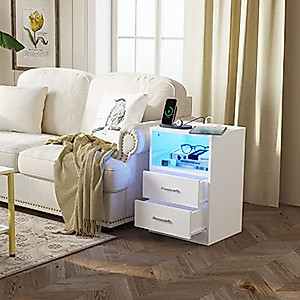 PrimeZone LED Nightstand with Charging Station - Modern End Table Bedside Table with USB Ports & Outlets, Wooden Bedroom Night Stand with 2 Drawers & Open Storage, White