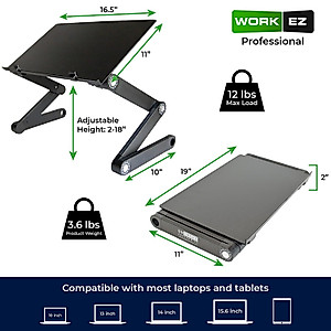 WorkEZ PROFESSIONAL Ergonomic Aluminum Laptop Cooling Stand Lap Desk Tray for Bed Couch. Foldable adjustable height angle tilt notebook computer riser folding desktop holder portable, Black