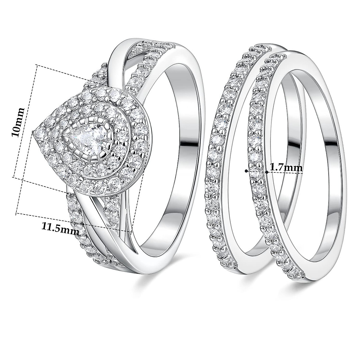 MDFUN Stackable Rings for Women 18K White Gold Plated Three-in-One Teardrop Mini Halo CZ Wedding Engagement Promise Eternity Band (7)