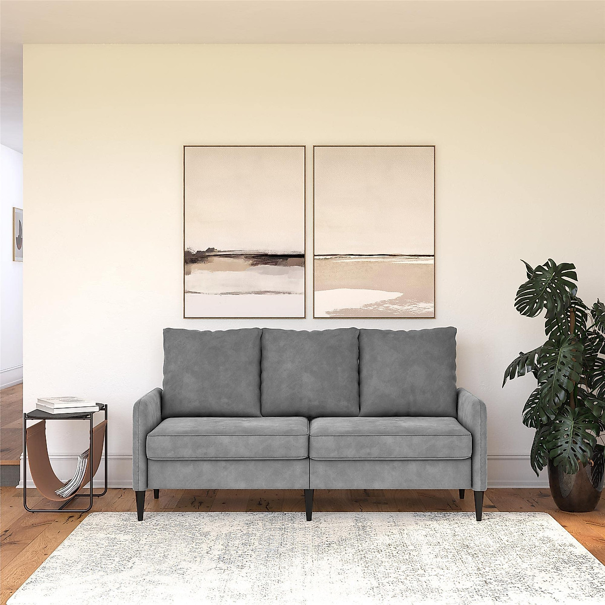 REALROOMS Cassia Pillowback 3-Seater Velvet Sofa, Detachable Pillow, Light Gray