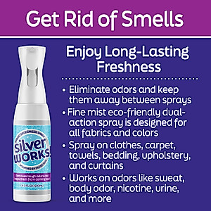 SilverWorks! Fabric Spray Odor Eliminator For Home - Silver Ion Room Deodorizer Strong Natural Furniture Couch Deodorizer, Remove Smells for Car, Pets, Clothes, Carpet, -16.9oz