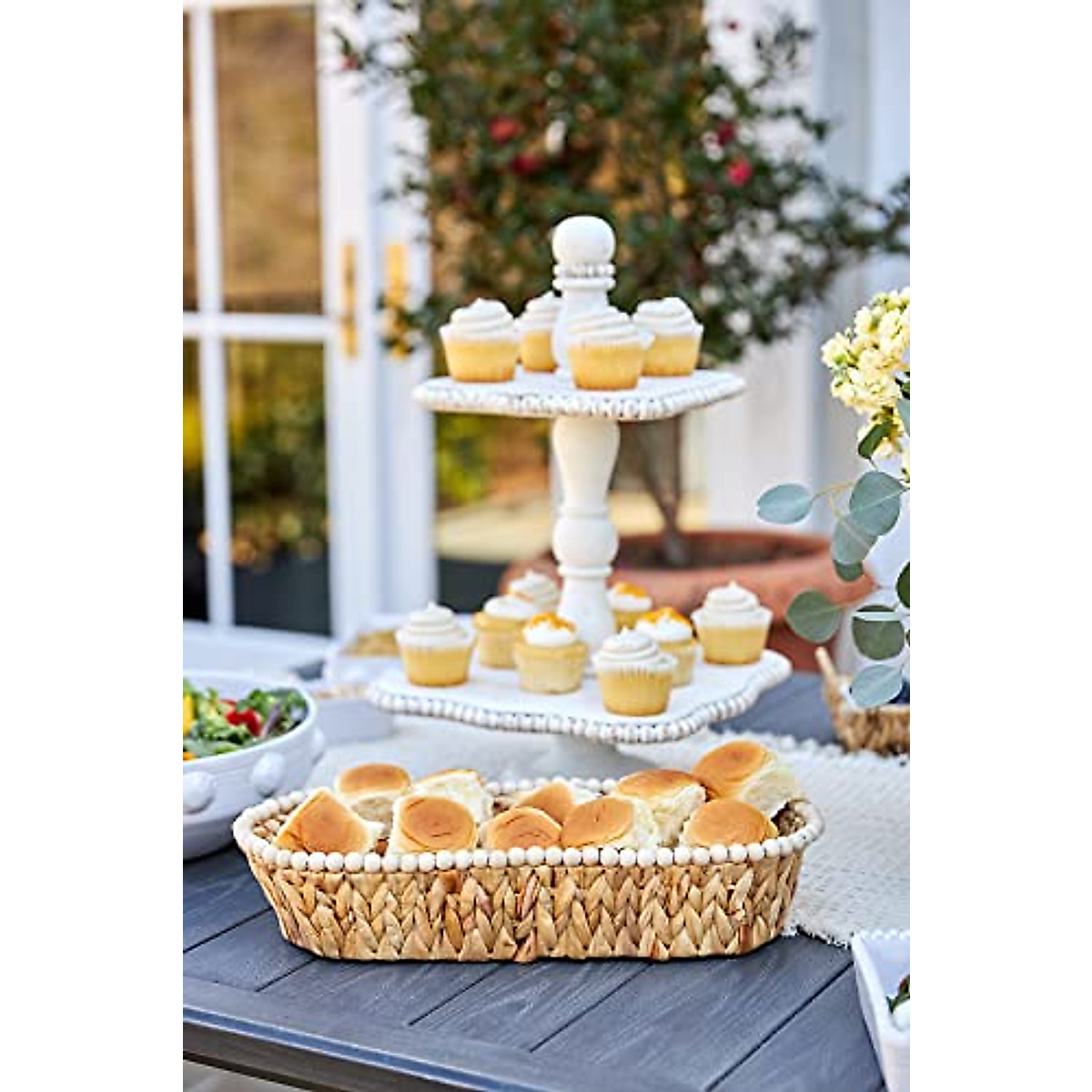 Mud Pie White Beaded Tiered Server, 20" x 13"
