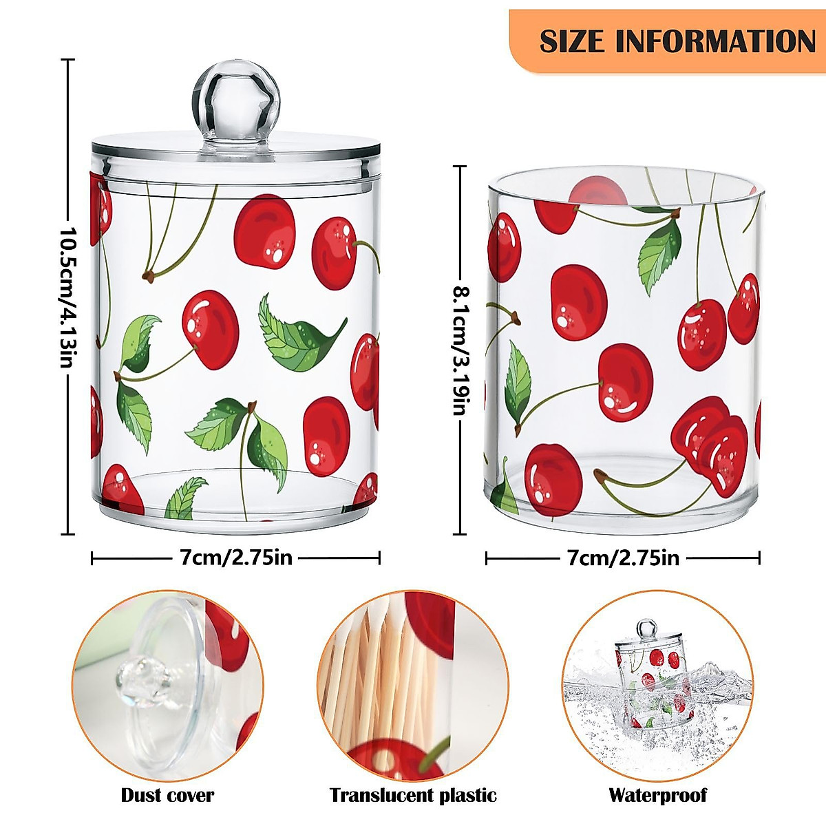 Jucciaco Cherry Fruits Canisters with Lids for Bathroom Vanity, Clear Plastic Jars Set of 2, for Cotton Balls, Cotton Pads, Qtips 4.13 x 2.75 in