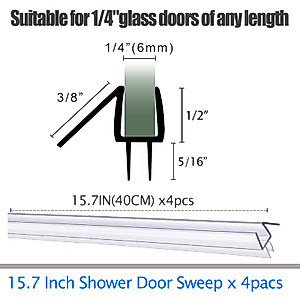 Larora Shower Door Bottom Seal, 4-Pack Frameless Glass Shower Door Seal Strip, 4 Section Segmented Installation (1/4'' Bottom)