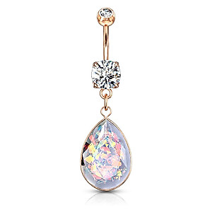 Forbidden Body Jewelry Surgical Steel CZ Dangle Belly Button Ring with Teardrop Rainbow Glitter Opalite, Rose Gold Tone