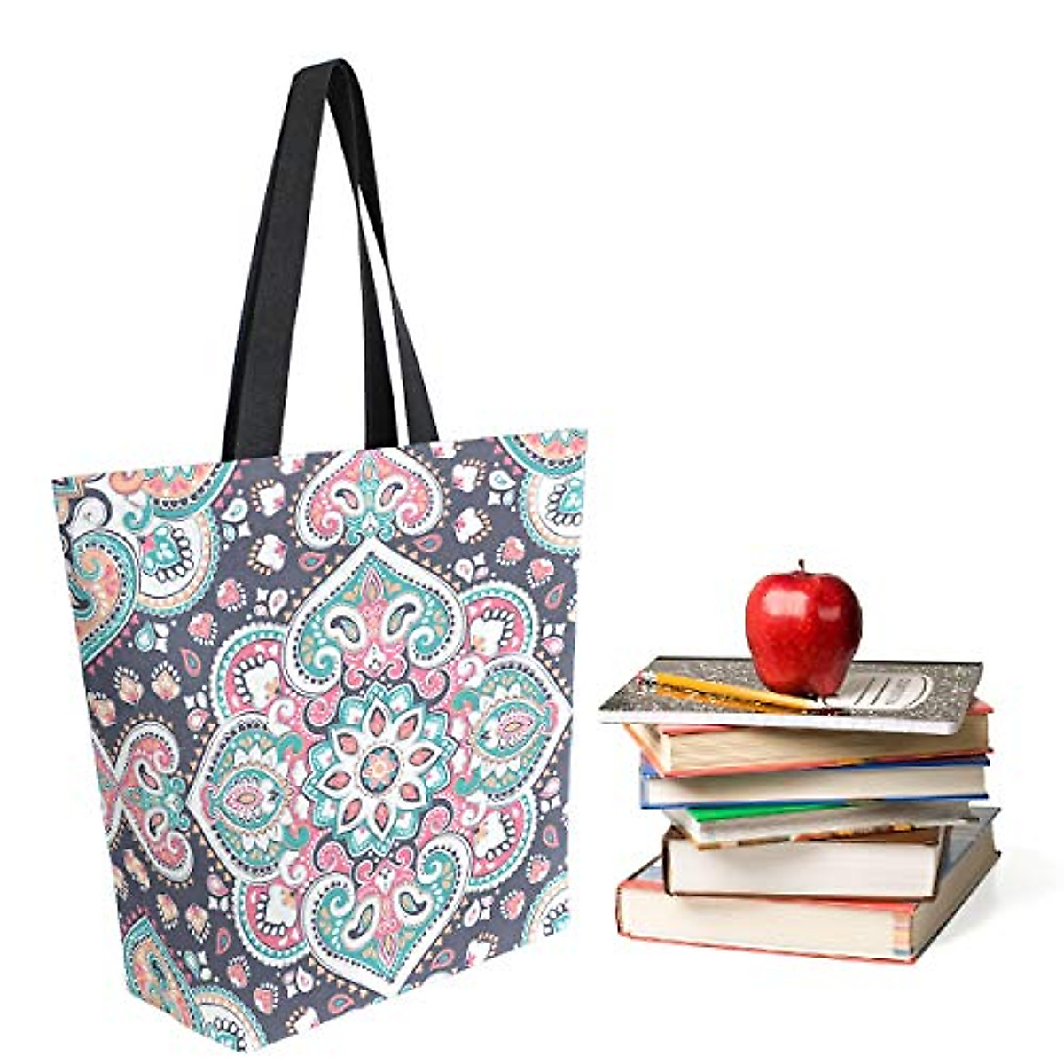 ZzWwR Beautiful Indian Floral Paisley Extra Large Canvas Shoulder Tote Top Handle Bag for Gym Beach Weekender Travel Shopping