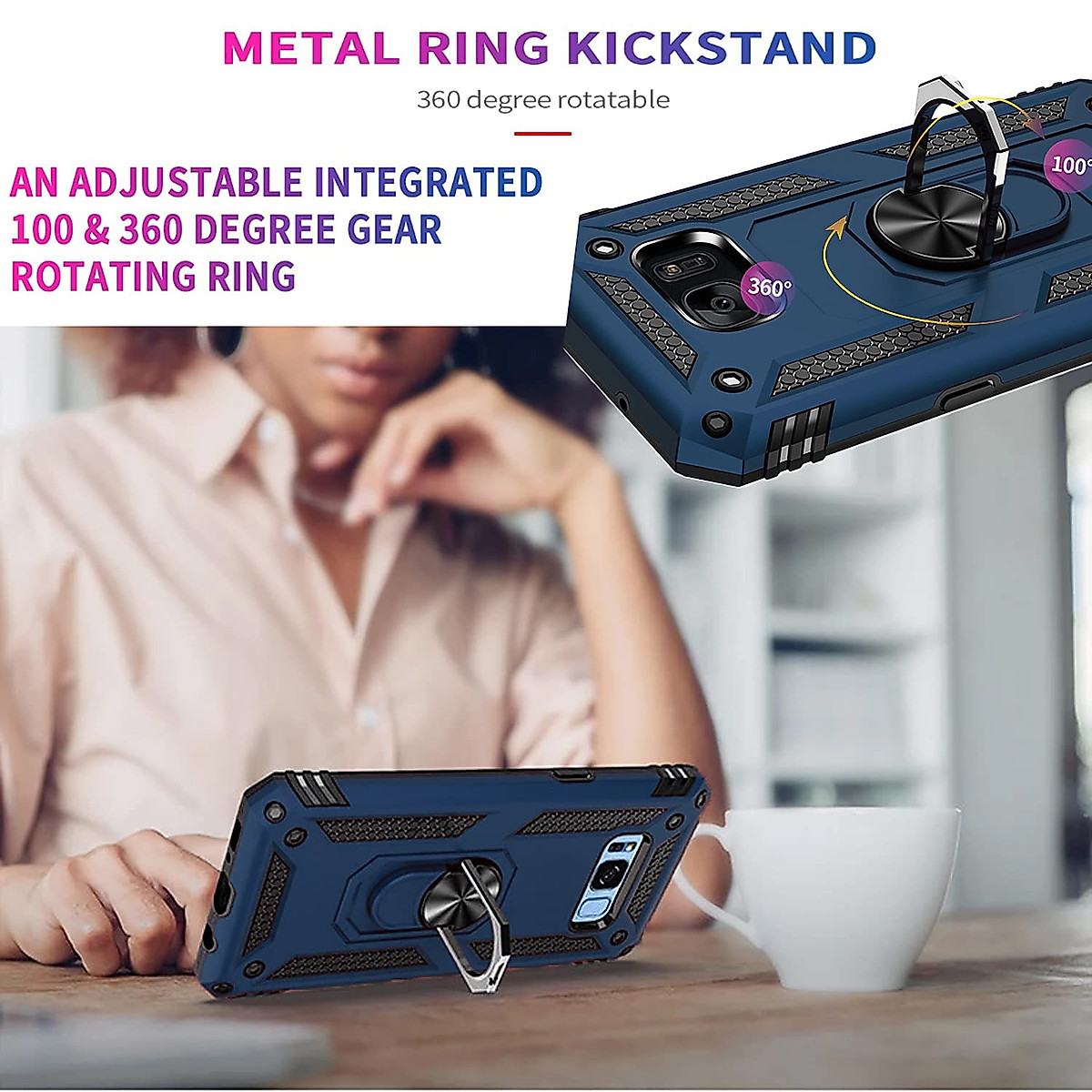 STARSHOP Samsung Galaxy S8 Plus Case, with [Tempered Glass Screen Protector Included] Military Grade Shockproof Dual Layer Protective Phone Cover with Metal Ring Kickstand - Navy