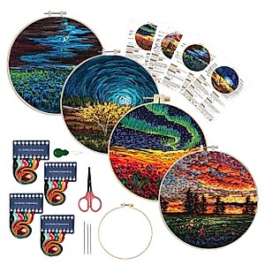 Maydear 4 Pack Embroidery Starter Kit with Pattern, Stamped Cross Stitch Kits for Beginners Adults with Embroidery Hoop and Instructions, Hand Embroidery Kit (Embroidery kit flower2)