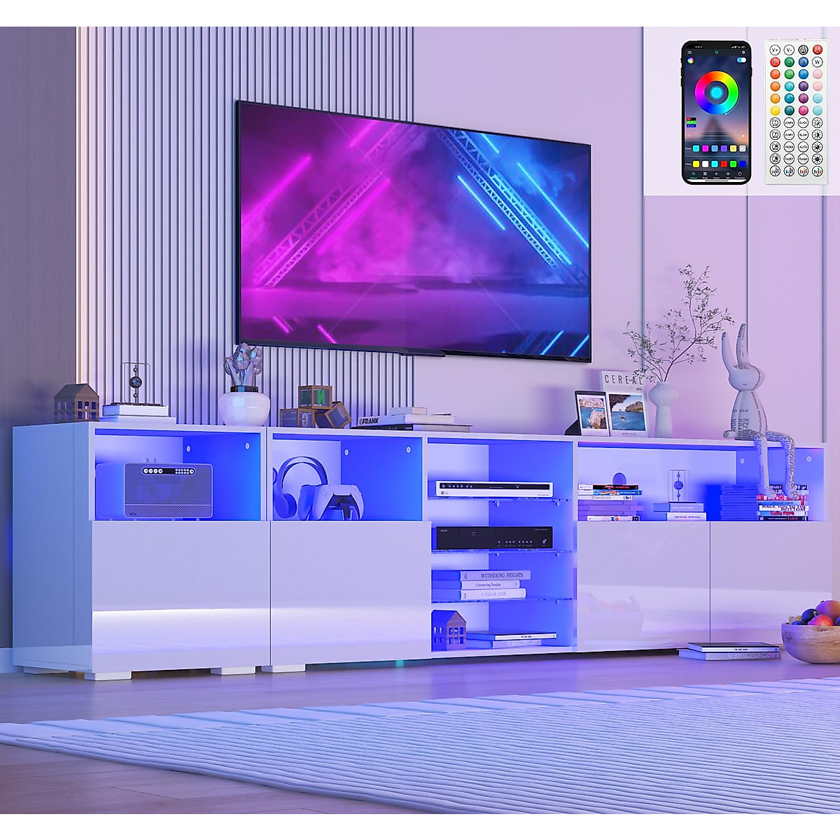 jiteentarou 79IN LED TV Stand for 75/80/85inch TV,High Glossy Modern TV Stand for Living Room,TV Entertainment Center with Adjustable Storage Shelf,RGB LED Lighting,TV Console(White)