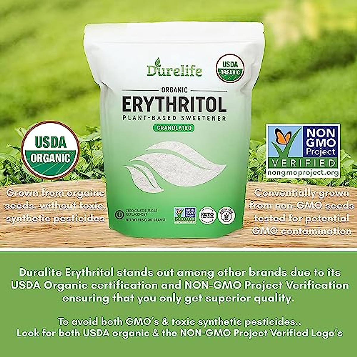 Durelife USDA organic erythritol sweetener, non gmo verified, Keto certified, No After Taste, Kosher, Zero Calorie Plant-Based Sugar Alternative (1, 5 LB (80 oz))