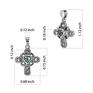 WithLoveSilver Sterling Silver 925 Celtic Cross with 5mm Heart CZ and Square Marcasites Pendant (Aqua Glass)