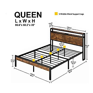 Modern Industrial Queen Size Metal Platform Bed Frame with Wooden Headboard and Footboard with USB and Charging Station, No Box Spring Needed, Large Under Bed Storage, Easy Assemble (Queen)