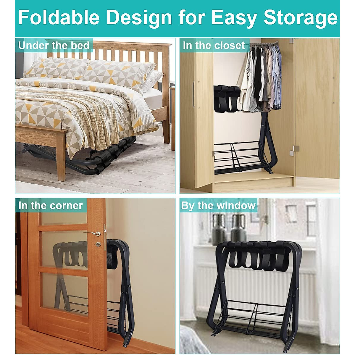 Whoonba Folding Luggage Rack with 2-tiers Storage Shelf, Foldable Steel Frame Luggage Organizers for Suitcase, Metal Luggage Holder for Guest room, Bedroom, Hotel, Closet, Black, 1pack