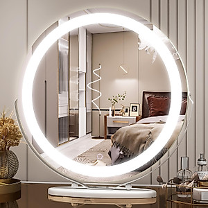 Vierose 20 inch Large Vanity Makeup Mirror with Lights, 3 Color Lighting Modes | Round Lighted Up Makeup Mirror with Dimming LED Halo for Dressing Room & Bedroom Tabletop, Touch Control (White)