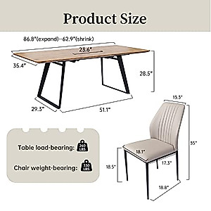 ZckyCine Modern mid-Century Dining Table Dining Table and Chairs for 6 Rectangular Wooden Dining Table Extendable Dining Table Space-Saving Multifunctional Dining Table (Table+6 Beige Chairs)