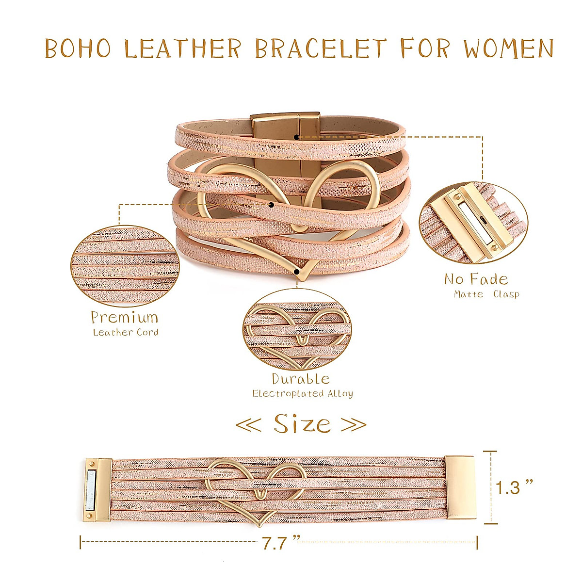 hotoo Pink Leather Wrap Bracelets for Women Boho Bracelet Heart Aesthetic Cuff Friendship Multi-layer Christmas Gifts for Her