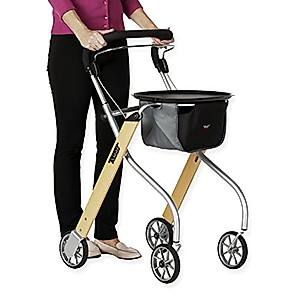 Stander Let’s Go Indoor Rollator, Lightweight Four Wheel Euro Style Walker with Tray, Folding Mobility Aid for Seniors by Trust Care, Beech
