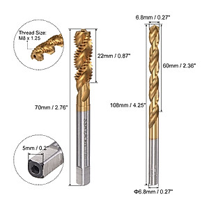 uxcell M8 x 1.25 Spiral Flute Tap and 6.8mm Twist Drill Bit Set, Metric Titanium Plated 6542 High Speed Steel Machine Threading Screw Thread Tap Drilling Tool