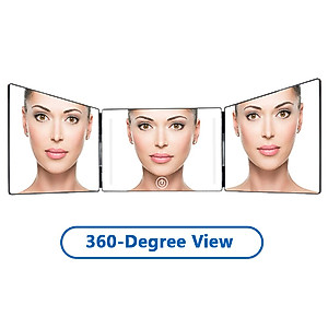 XKWL Rechargeable 3 Way Trifold Mirror with Light, 360° Barber Mirror for Self Hair Cutting, Hair Styling, Shaving, Grooming, Dye Hair and Makeup, Light and Height Adjustable (Black)