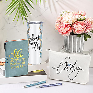 Domensi Best Boss Gift Set Thank You Gift for Women Lady Appreciation Day Gift 20oz Rustic Marble Sign Tumbler Makeup Bag A6 Notepad with Ballpoints Boss Day Gift Office Leader Christmas Gift(Blue)