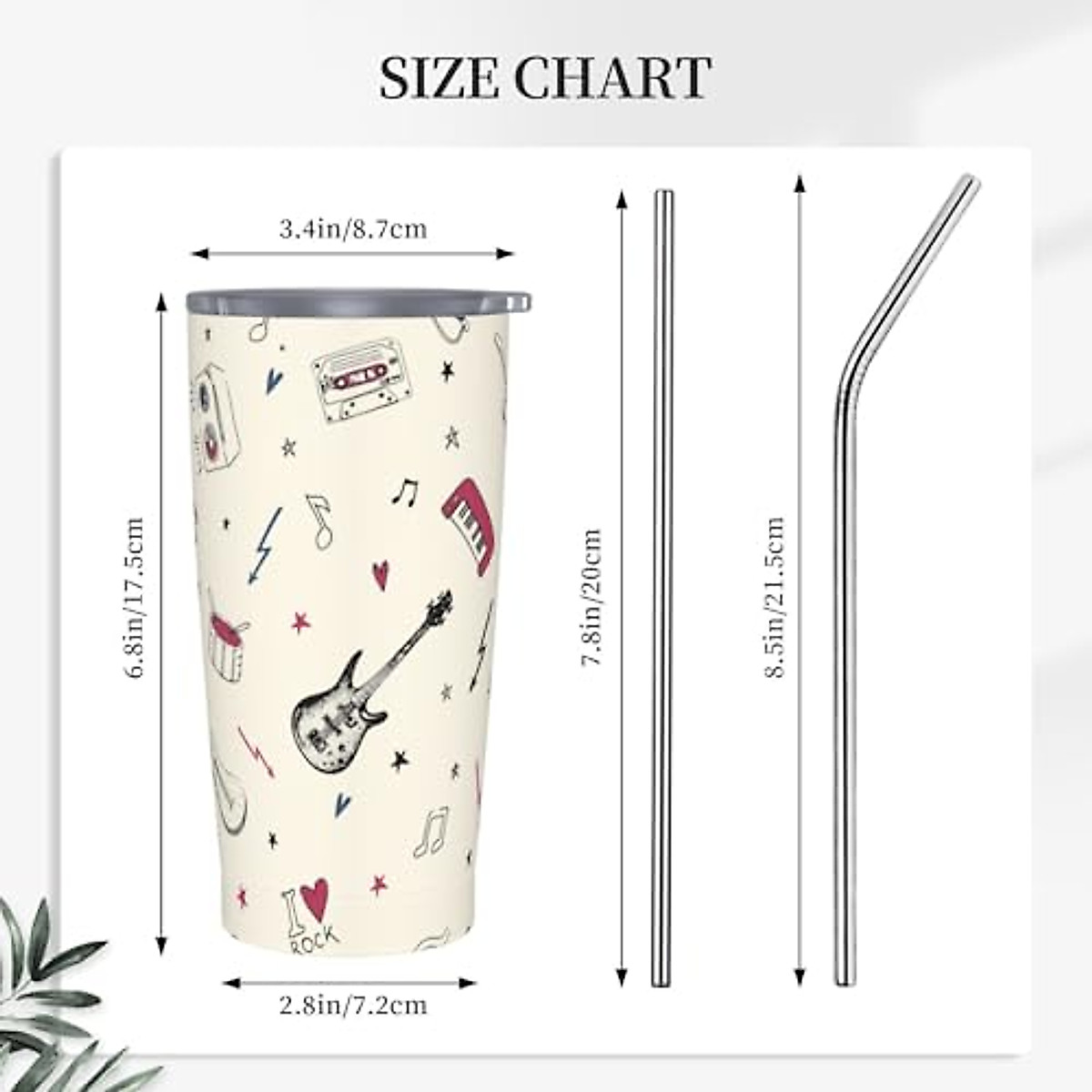 Yaxongx 20oz Tumbler Guitar Musical Music Double Wall Vacuum Insulated Coffee Mug with Lid and Metal Straw Brush Reusable Stainless Steel Water Bottle Travel Cup Gifts for Car Ice Drinks Hot Beverage