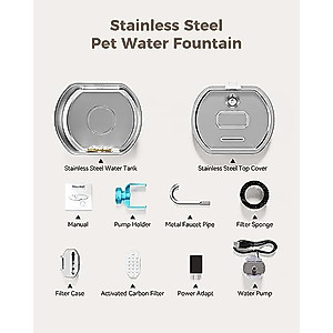 Cat Water Fountain Stainless Steel: 3.2L/108oz Large Automatic Quiet Pet Water Fountain - Dog Water Dispenser with Water Level Window - Multiple Pets - 4 Filter Replacement