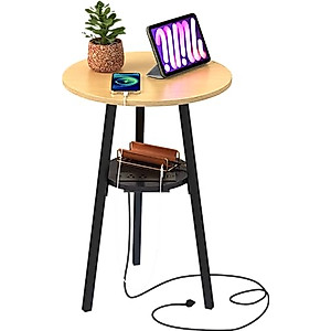 IRCPEN Round End Table with Charging Station, 2-Tier Small Round Table with USB Ports & Power Outlets, Rustic Vintage Nightstand Bedside Table Sofa Table for Bedroom, Living Room (Natural)