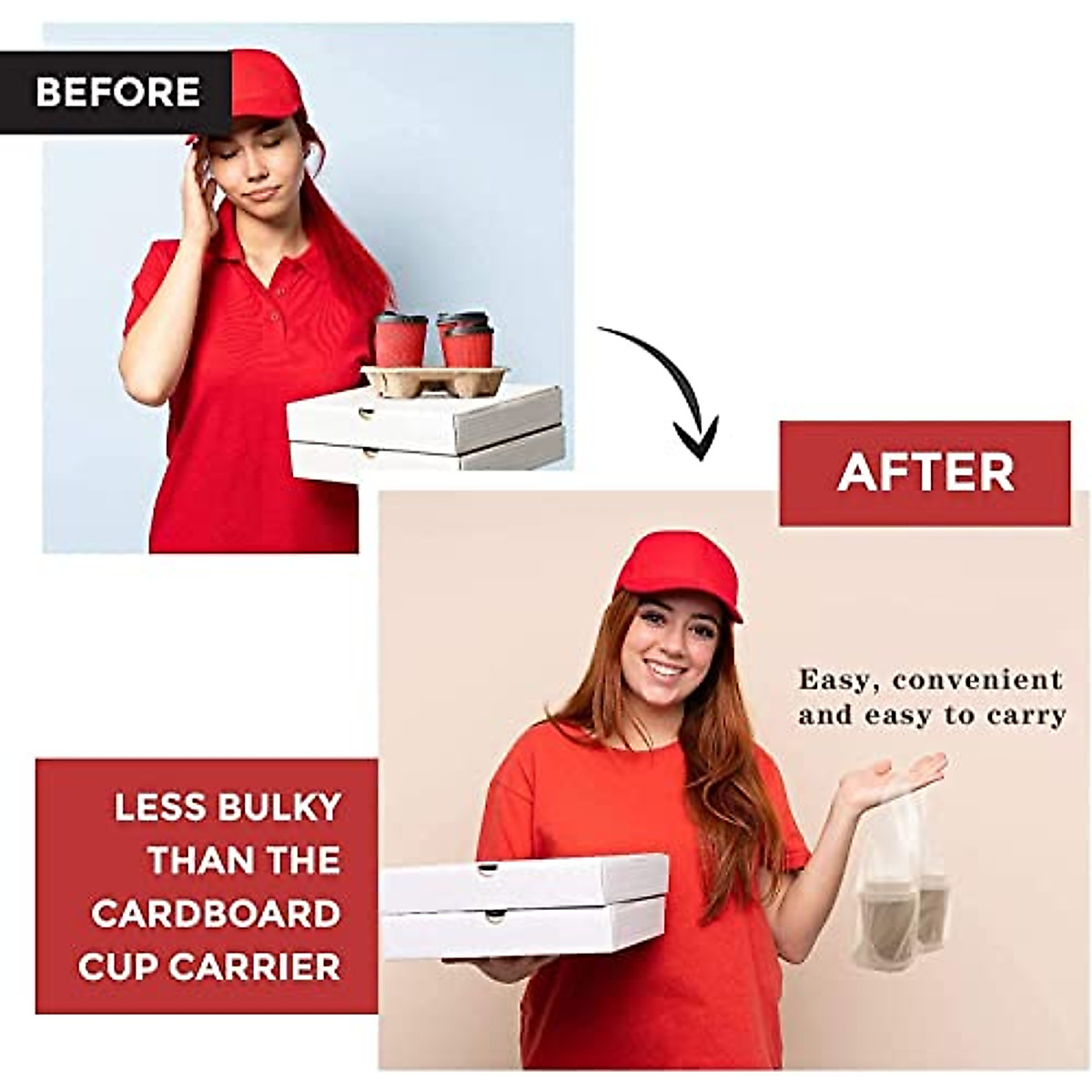 300PCS Clear Handle Drink Drinking Poly Plastic Packaging Bags,Drink Carrier, for Delivery Take Out Cup Holder Bar Restaurant Coffee Shop Supplies Cup Carriers