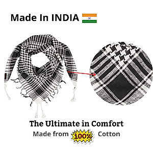 LOVARZI Cotton Shemagh Scarf - Tactical Black & White Arab Palestine Keffiyeh for Men - Lightweight Military Army Scarf