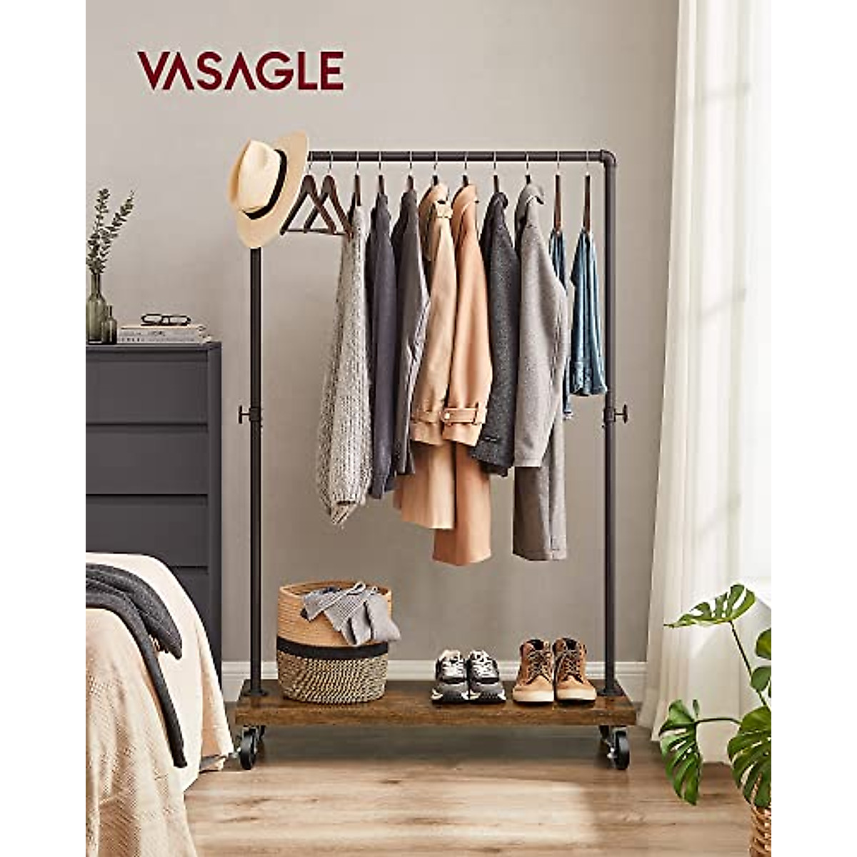 VASAGLE Clothes Rack, Heavy Duty Clothing Rack, Industrial Pipe Style Rolling Garment Rack with Shelf, for Bedroom, Laundry Room, Retail Store, Rustic Brown and Black UHSR65BX