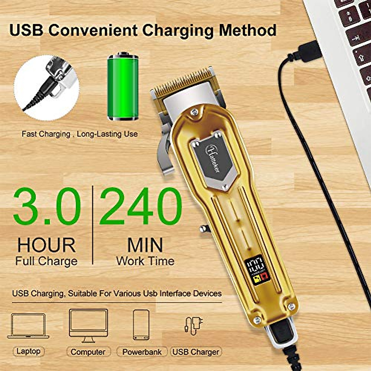 Hatteker Mens Hair Clippers Professional Cordless Hair Beard Trimmer Haircut Grooming Kit Rechargeable