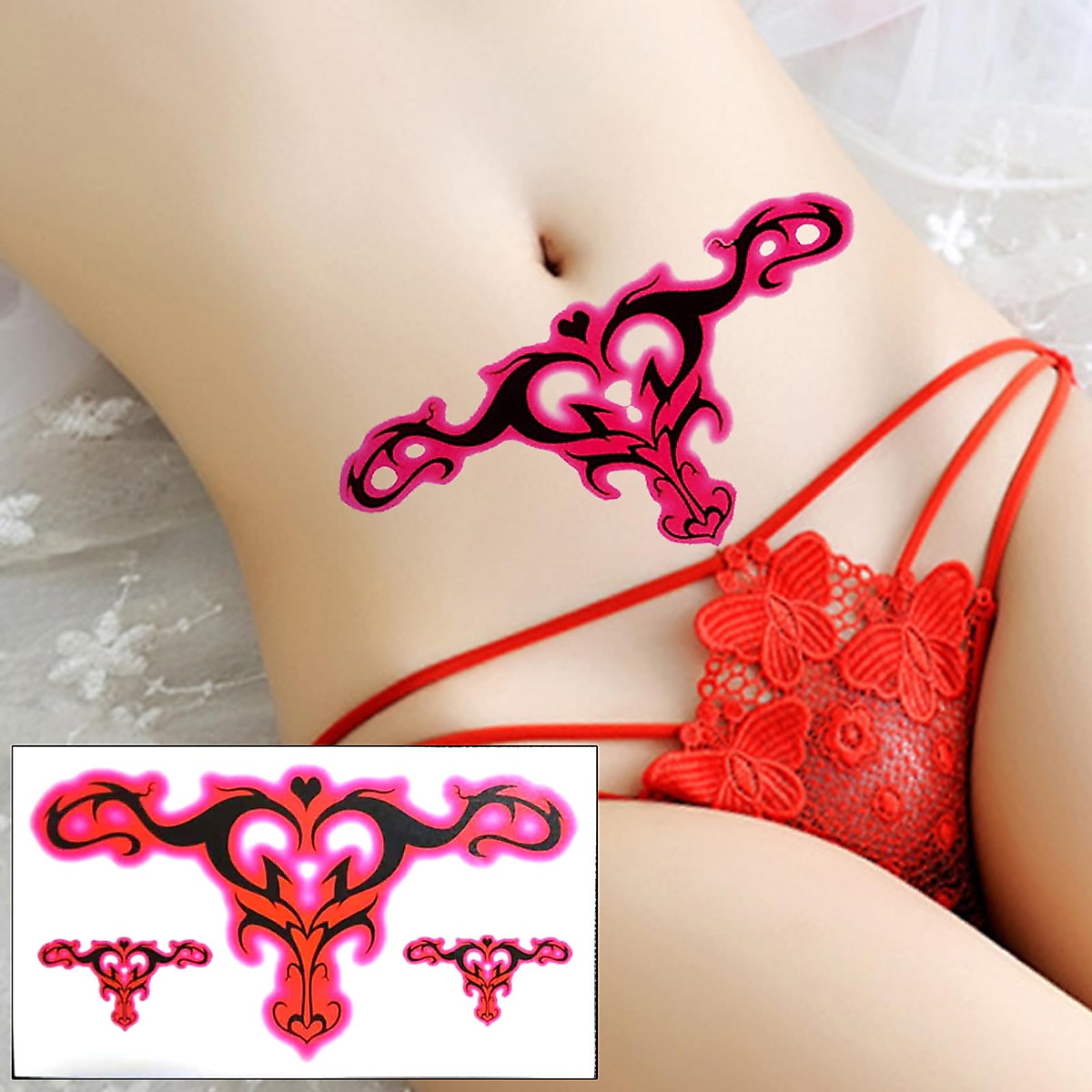 Sexy Navel Temporary Tattoos 20 Sheets Large Black Red Lace Abdomen Waist Waterproof Tattoo Stickers for Women Girl Fake Body Tattoos