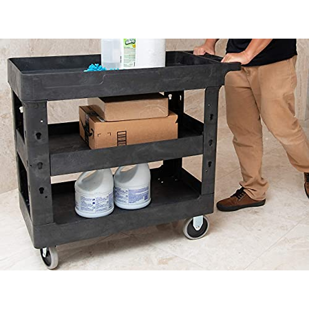 550lb Capacity Heavy Duty Plastic Utility Cart 34-1/2" L x 16-3/4" W with Handle 3 Shelves Pake Handling Tools