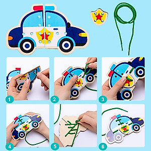 Promise Babe 5 Pack Lacing Cards Wooden Cars Block Puzzle Threading Toys Montessori Toy Sewing Cards for Toddler Educational Preschool Toys…