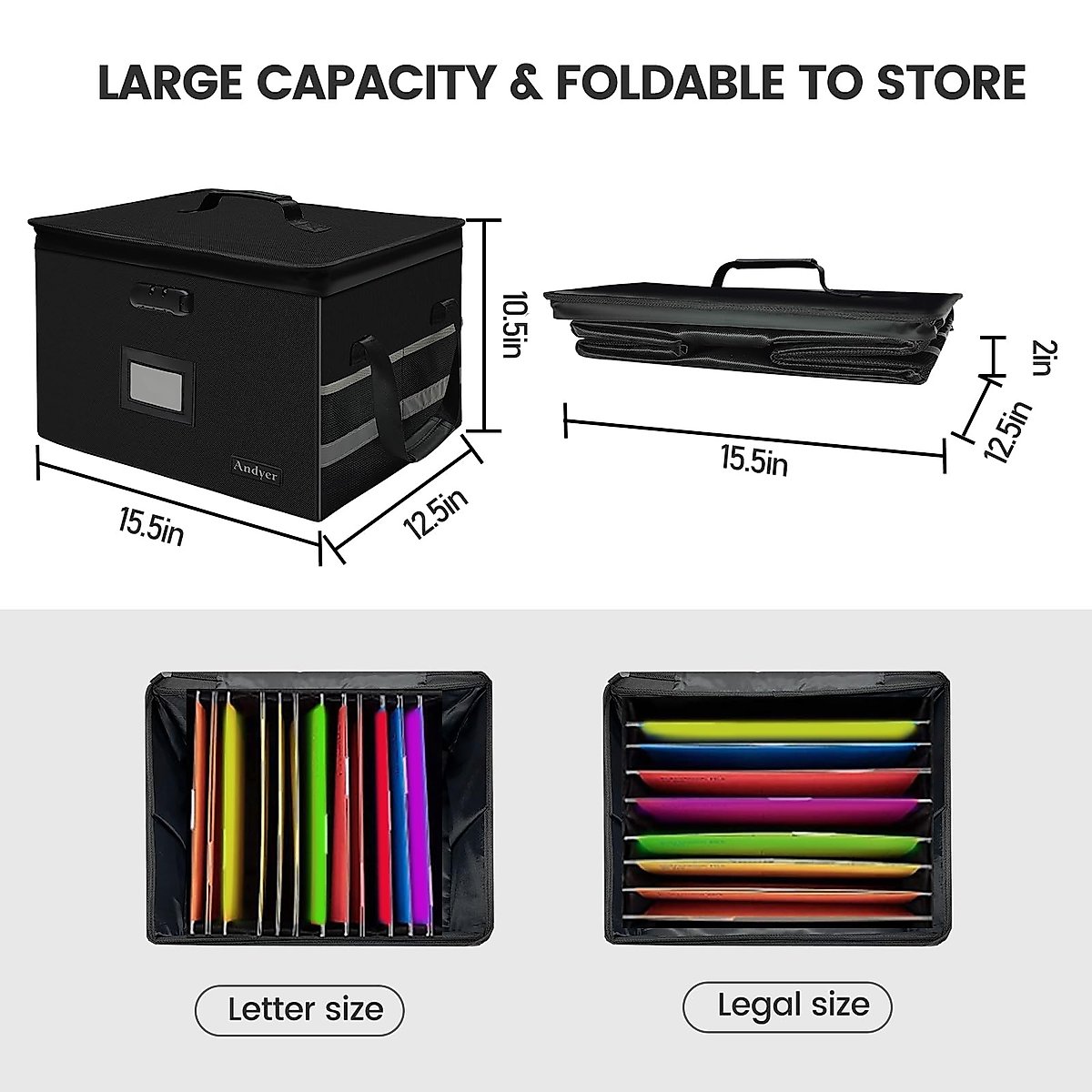 File Box with Lock, Fireproof Document Box with 10 Tab&Inserts, Collapsible File Organizer Filing Cabinet Box, Fire Proof Safe Box File Cabinets for Home Office Hanging Letter/Legal Folder