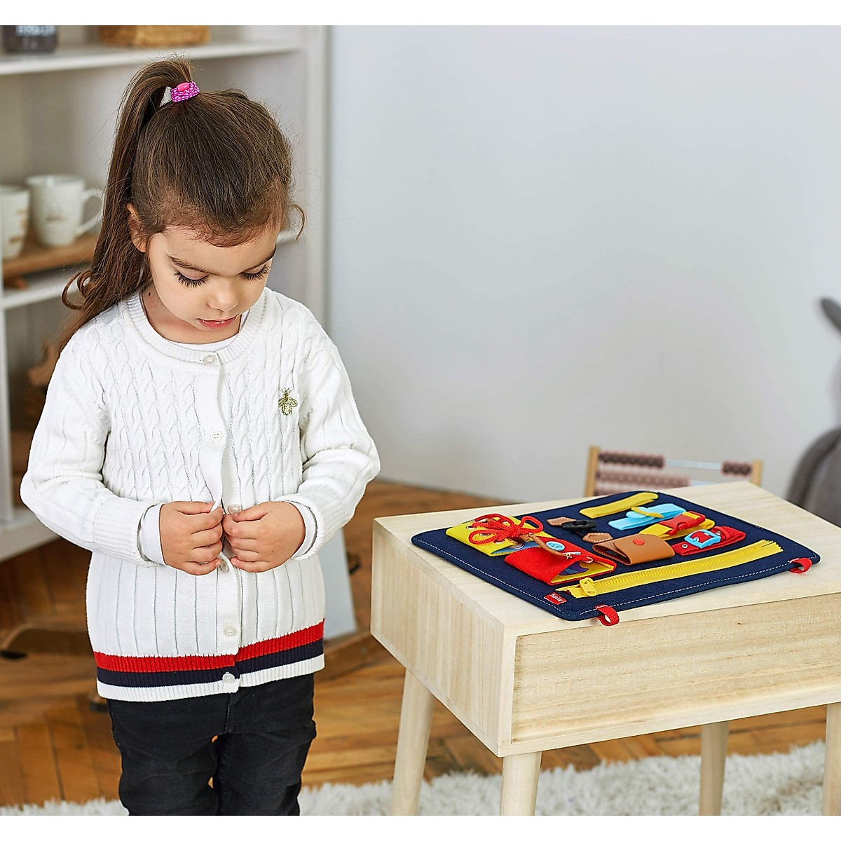 Toddler Busy Board - Montessori Fine Motor Skills Toy - Zipper Buckle Button Shoe Tying Practice Board - Sensory Activity Busy Board for Toddlers - Soft Felt Travel Learning Toys for Kids Ages 3 4 5