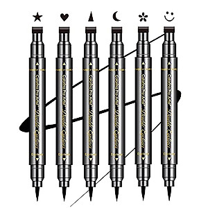 SUMEITANG 6 Pcs Double-headed Eyeliner Stamps Set Black Liquid Eye Liner Pen With Star,Moon,Heart,Flower,Smiley,Triangle Stamp Stencils Shapes for Women Makeup Kit Long-Lasting Waterproof Smudgeproof