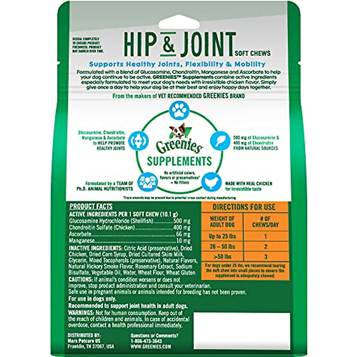 Greenies Hip & Joint Dog Supplements with Glucosamine and Chondroitin, 80-Count Chicken-Flavor Soft Chews for Adult Dogs