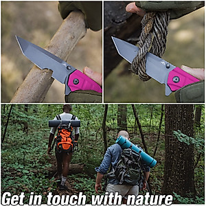 FLISSA Folding Pocket Knife, Tactical Knife with Liner Lock, Tanto Blade, Pocket Clip, Glass Breaker, Seatbelt Cutter, Perfect for Hunting, Camping, Survival (Pink)