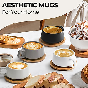 MIAMIO – 11 Oz., Set of 4 Ceramic Tea Cup and Saucer Bamboo/Tea Mug - Wide Cappuccino Cup, Coffee Cups Ceramic Mug for Cappuccino, Latte, Espresso & Americano - Luxe Collection (Classic Pastel)