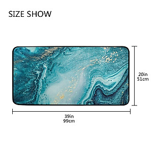 Ocean Blue Marble Kitchen Rugs Turquoise Gold Marbles Bath Rug Runner Comfort Mat Non-Slip Doormats Carpet for Bathroom Indoor 39" X 20"